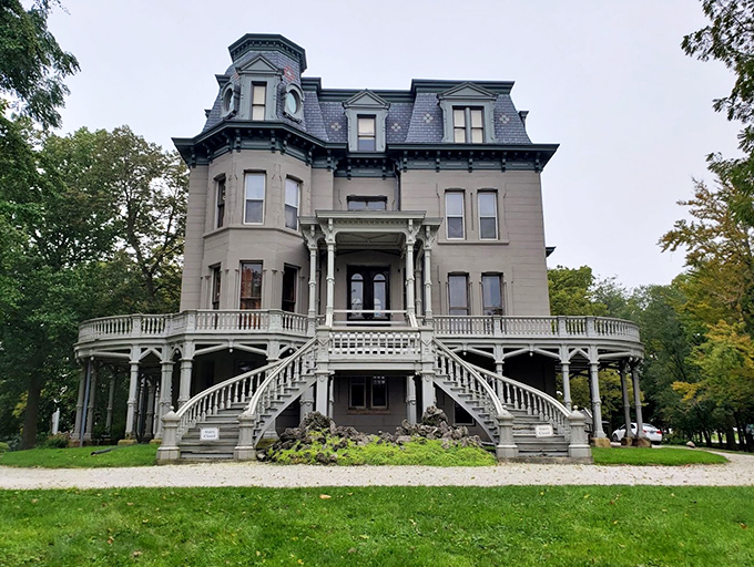 Wrap-around porch, ornate details, and a clock tower &ndash; this mansion has it all. Including, presumably, a really fancy doorbell.