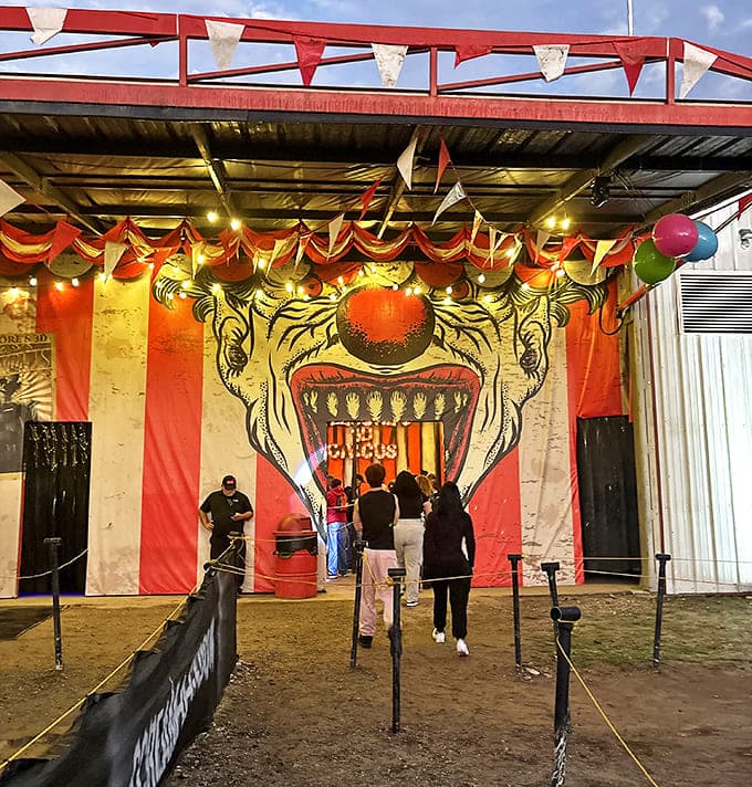 The 3D circus entrance promises a psychedelic nightmare where clowns reign supreme and reality bends in terrifying ways.