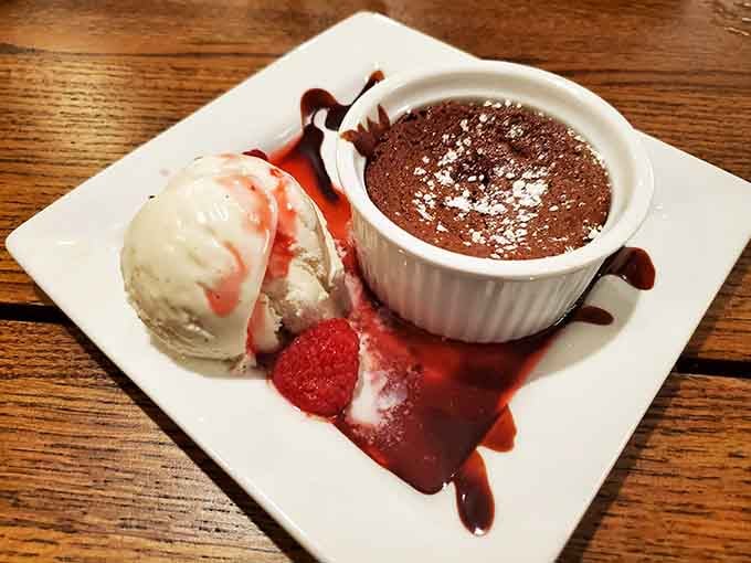 Warm chocolate lava cake meets cold vanilla ice cream in a dessert that should require a signed waiver before ordering.