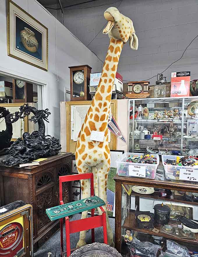 That four-foot-tall giraffe has seen things, standing sentinel over the treasures below with the patient wisdom of a creature who knows exactly how ridiculous and wonderful this all is.