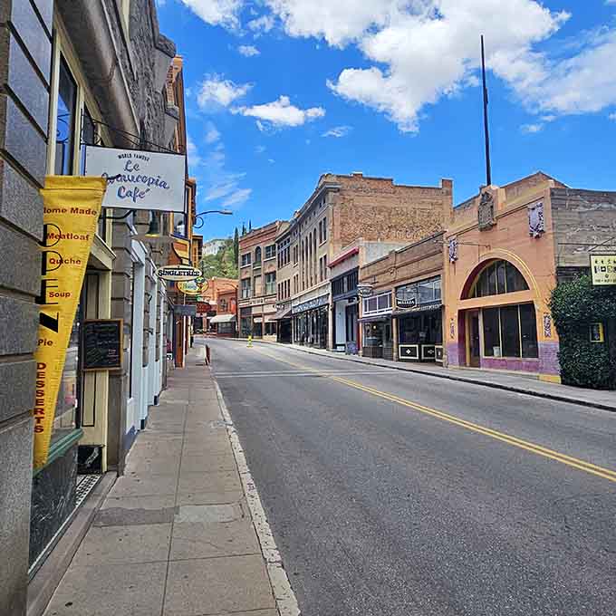 Narrow streets wind between historic buildings where every brick and window seems to whisper tales of miners, merchants, and the characters who built this mountain town.