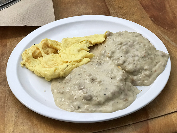 Fluffy biscuits drowning in peppery sausage gravy deliver Southern comfort food excellence right here in coastal Maine.