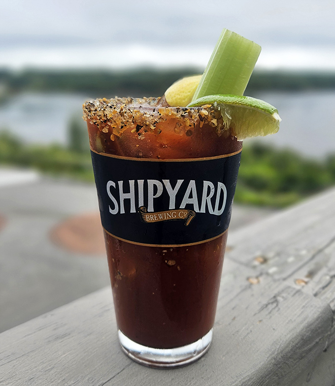 Nothing says "vacation mode activated" like a spicy Shipyard Bloody Mary with that perfect salt-rimmed edge.