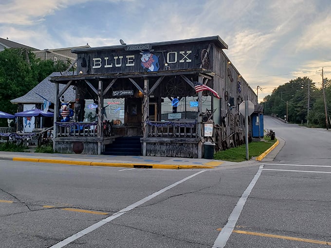 The weathered charm of the Blue Ox restaurant captures Door County's unique blend of maritime history and local flavor.
