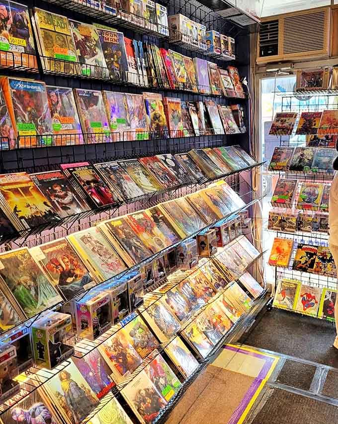 Comic book heaven awaits with meticulously organized shelves showcasing everything from mainstream Marvel to indie graphic novels.