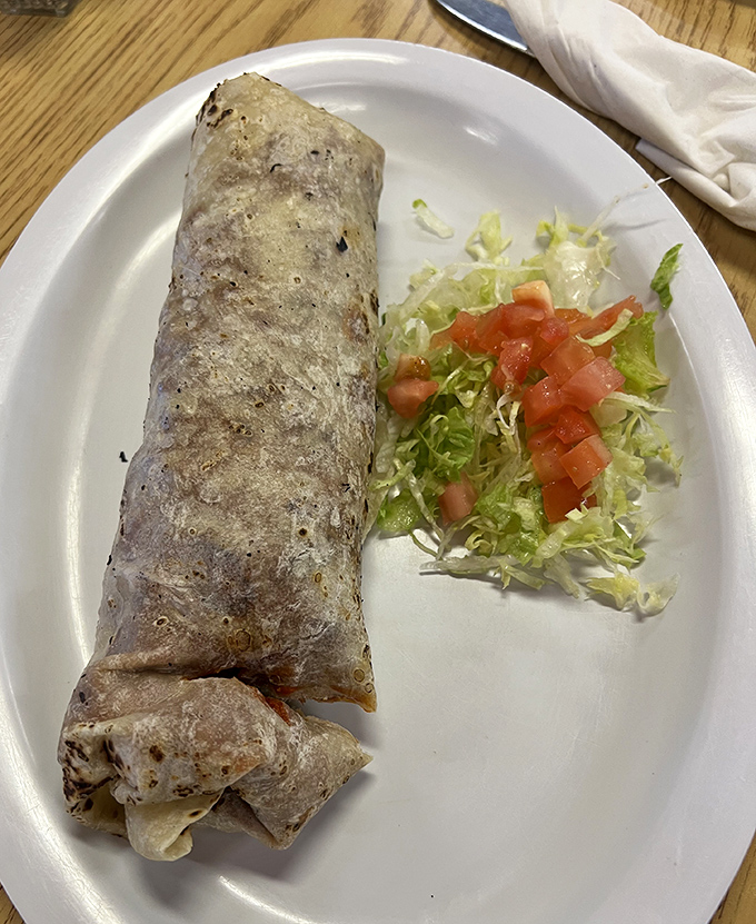 A burrito the size of your forearm comes with fresh shredded lettuce and diced tomatoes &ndash; simple accompaniments that let the main attraction shine.