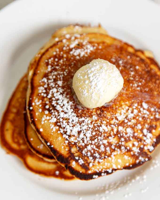 These pancakes are so fluffy and golden, they could make a grown adult cry tears of pure breakfast joy.