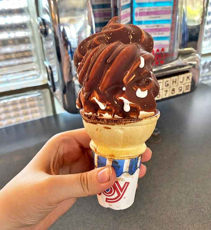 This chocolate-dipped soft serve cone towers like a delicious monument to everything good and right in the world.