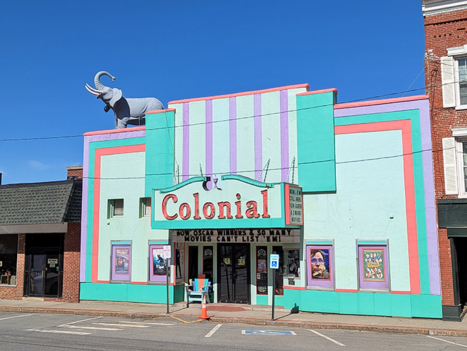 The Colonial Theatre's whimsical facade and rooftop elephant create the perfect blend of small-town charm and unexpected quirkiness.