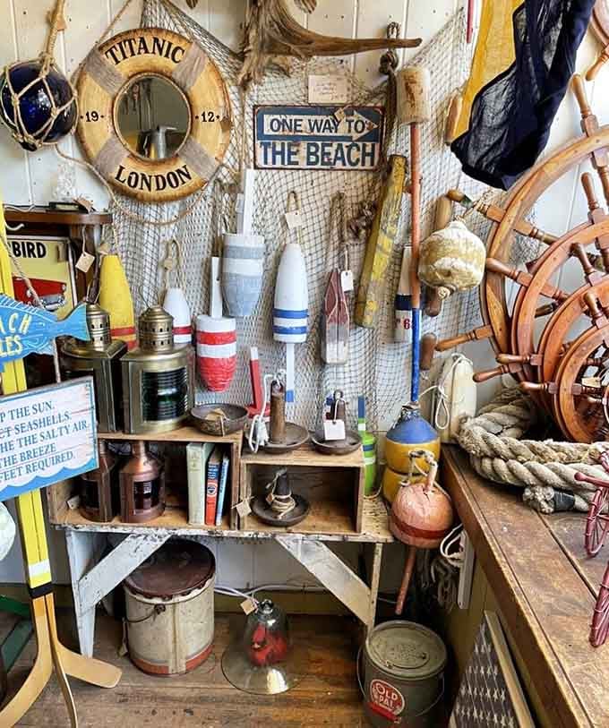 A Titanic life preserver reminds visitors that some antiques come with more dramatic backstories than others, though verification may be tricky.