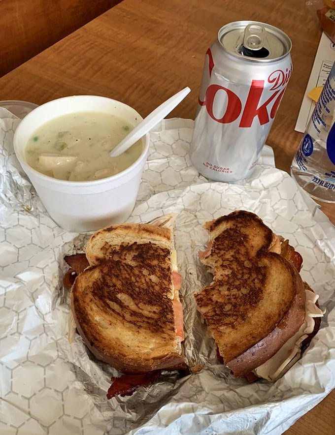 A grilled club sandwich and cream of chicken soup make the perfect comfort food combination on a chilly day.