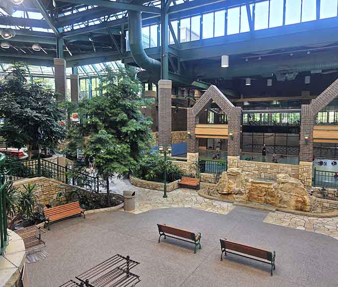Benches strategically placed throughout let exhausted parents rest while maintaining the illusion of supervision, a perfect compromise.