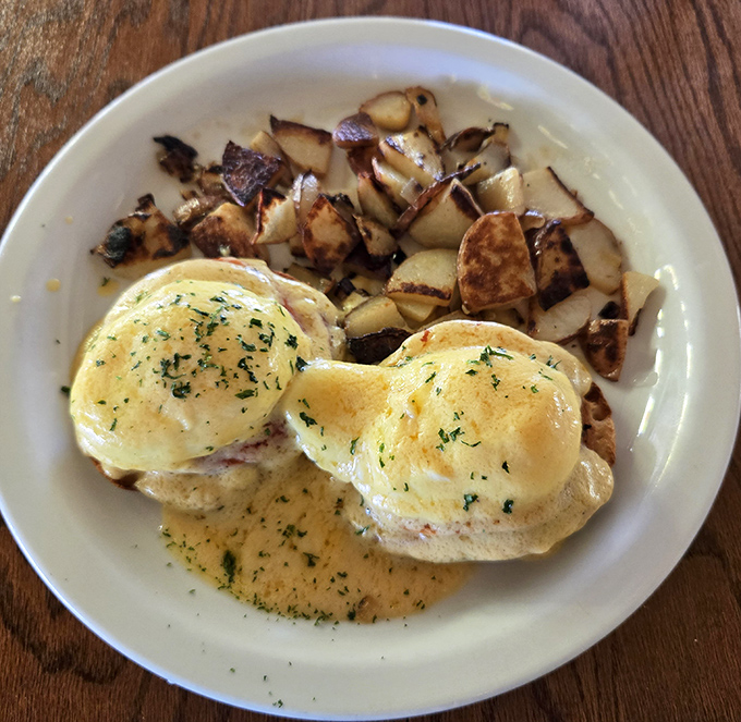 Weekend brunch heaven – these eggs benedict feature perfectly poached eggs and house-made hollandaise that puts hotel brunches to shame.