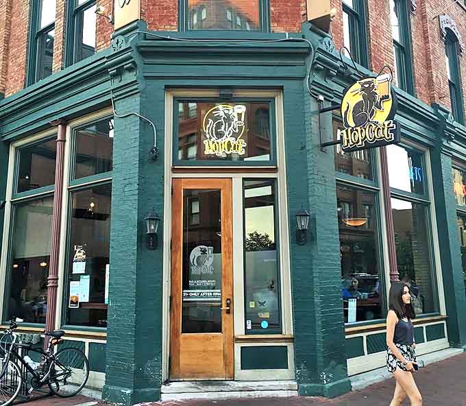 The iconic green exterior and playful cat logo welcome visitors to this Grand Rapids institution where beer and comfort food reign supreme.