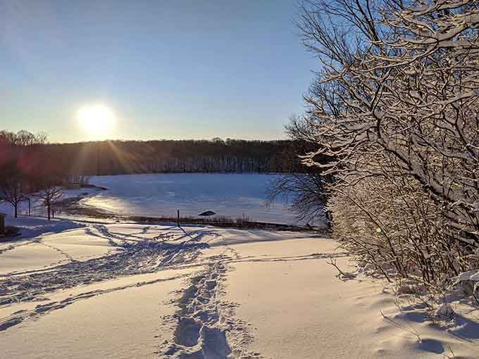 Winter transforms the beach into a snow globe scene, proving that Fish Lake doesn't take a season off from being stunning.