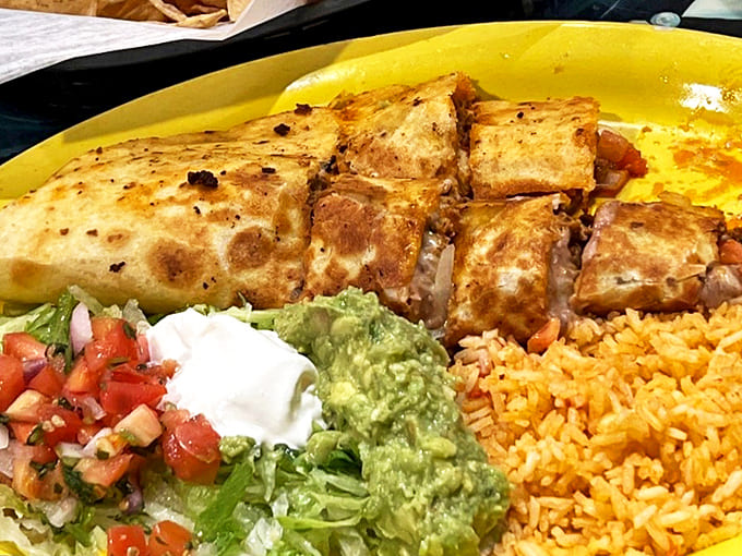 Food Plate: A beautifully arranged quesadilla that's been cut into perfect triangles, revealing that magical moment when cheese meets tortilla.