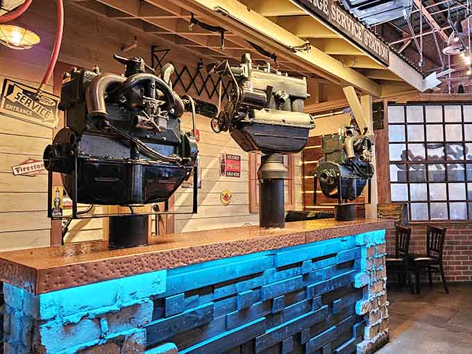 Vintage engines and Ford memorabilia transform the dining space into an automotive lover's dream, where every corner reveals another cool detail.