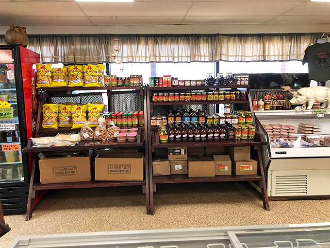 It's like a treasure chest, but instead of gold, it's filled with flavor! These shelves are stocked with more goodies than Santa's workshop.