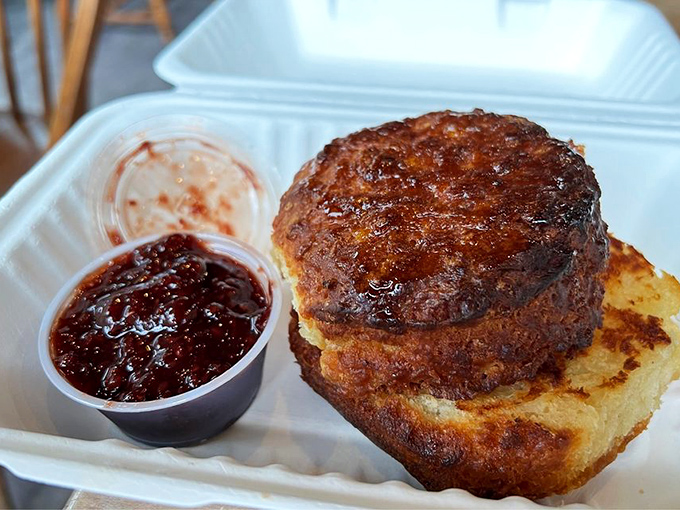 Maple syrup transforms this griddled biscuit into a Vermont specialty that shatters delicately with each heavenly bite.