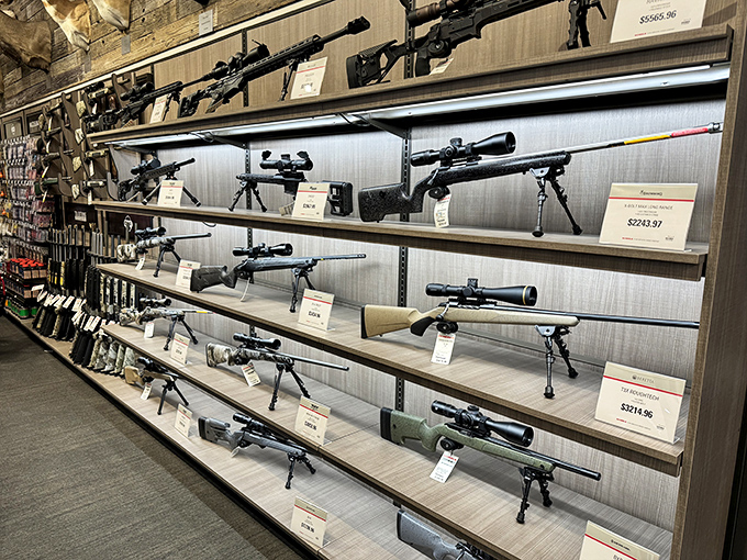 The hunting section displays firearms with museum-like precision, attracting enthusiasts who appreciate craftsmanship whether they're shopping or just admiring.