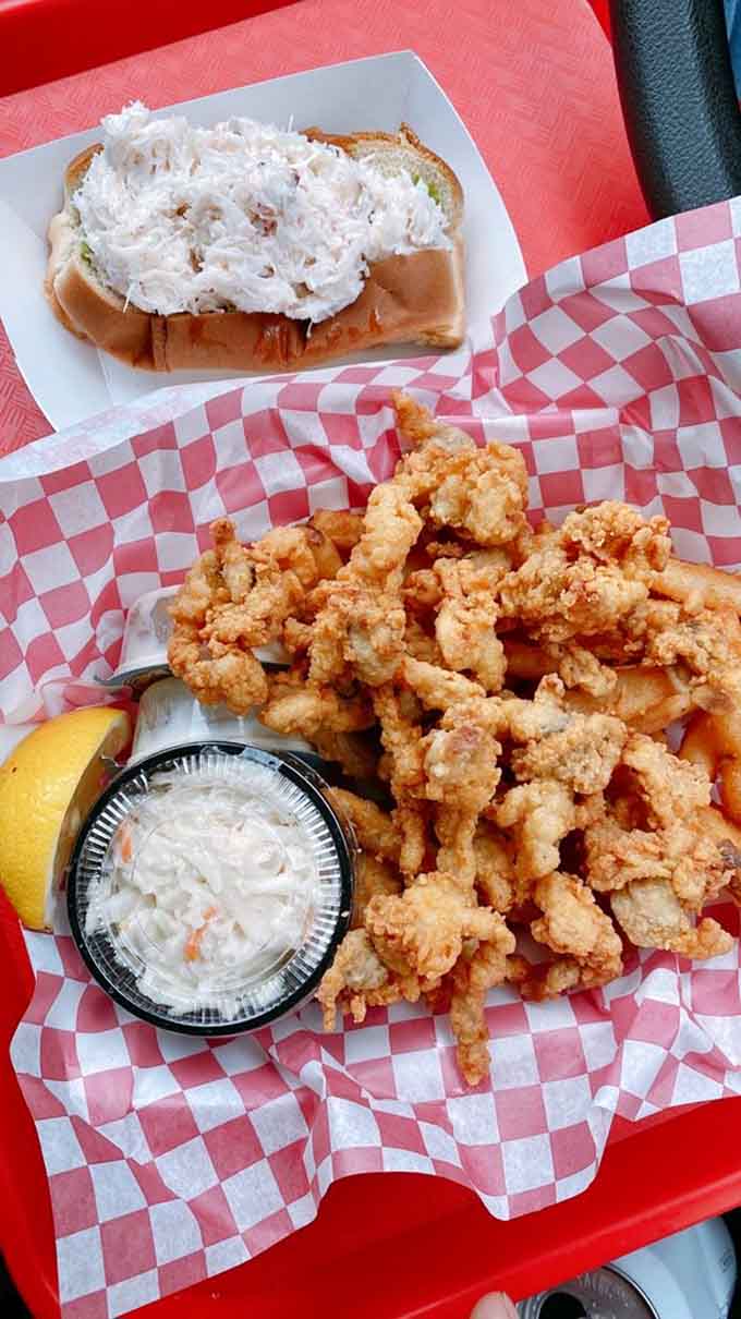 Fried clams and a crab roll together, because why choose between two perfect things when life is short?
