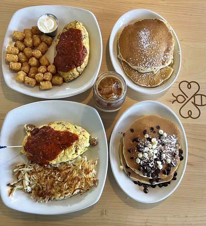 Generous portions in actual skillets keep everything piping hot while you dig into breakfast bliss.