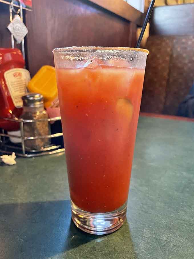 This Bloody Mary comes dressed to impress with a salted rim, looking less like a drink and more like a liquid brunch party.