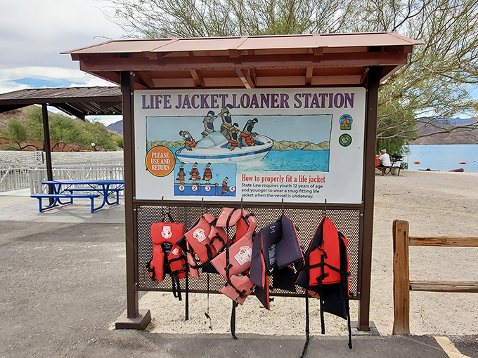 Safety first! The life jacket loaner station ensures everyone can enjoy the water, proving paradise doesn't have to come with unnecessary risks.