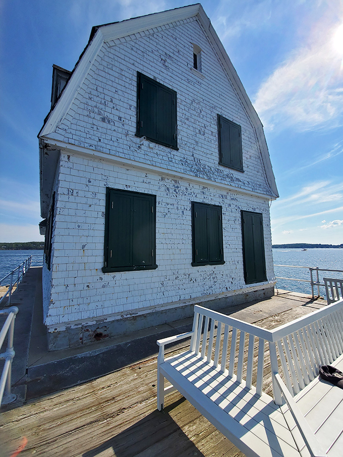 Morning light bathes the structure in a golden glow, highlighting the contrast between the white keeper's house and red brick tower.