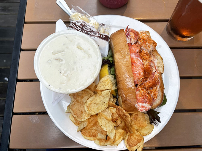 The dynamic duo of Maine cuisine: a lobster roll that's all meat, no filler, paired with a clam chowder that's thicker than a Stephen King novel.