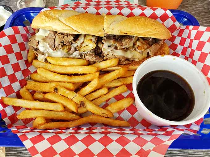 This Philly cheesesteak arrives loaded with meat and cheese, ready to fuel your lakeside adventures.