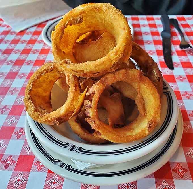 Onion rings so golden and crispy they deserve their own fan club, proving that sometimes the sides steal the show entirely.
