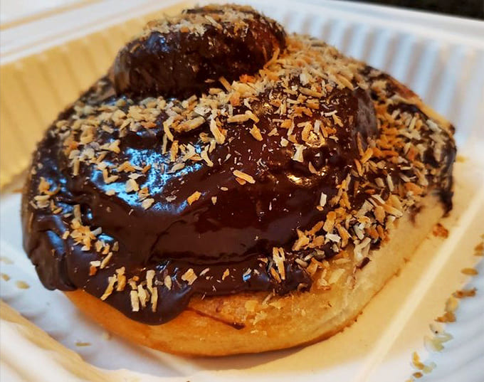 That chocolate-coconut roll is basically dessert masquerading as breakfast, and honestly, nobody's complaining about this delicious deception at all.