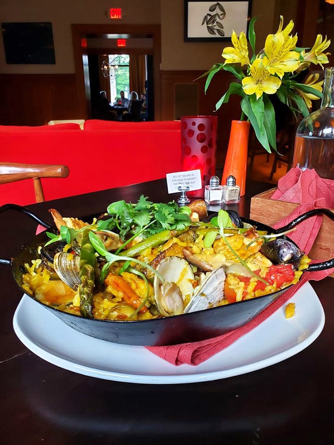 A paella that's more colorful than a Vermont autumn. Each bite is a journey to the sunny coasts of Spain.