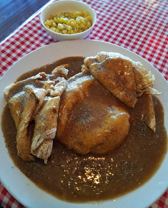 Turkey gets the royal treatment here, served with all the fixings for a meal that satisfies completely.