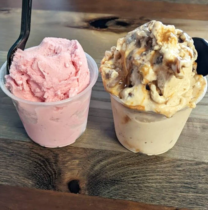 Sweet endings: house-made gelato in strawberry and caramel varieties provides the perfect cool finale to a smoky, savory barbecue feast.