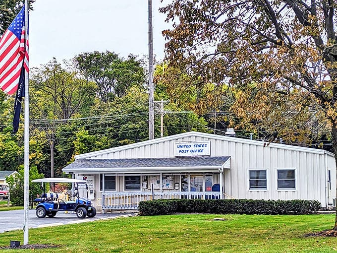 Kelleys Island Post Office: Where mail arrives by boat and gossip travels faster than the ferry, all under the watchful eye of Old Glory.