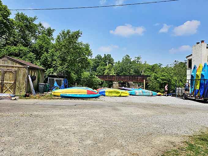 Rental storage shows the fleet of colorful kayaks waiting for their next passengers, like a parking lot for water-based transportation.