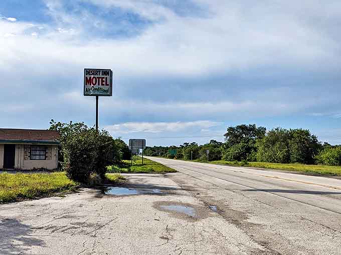 Empty roads stretch past the Desert Inn Motel sign, a reminder that Yeehaw Junction exists in that magical space between destinations on Florida's highway system.