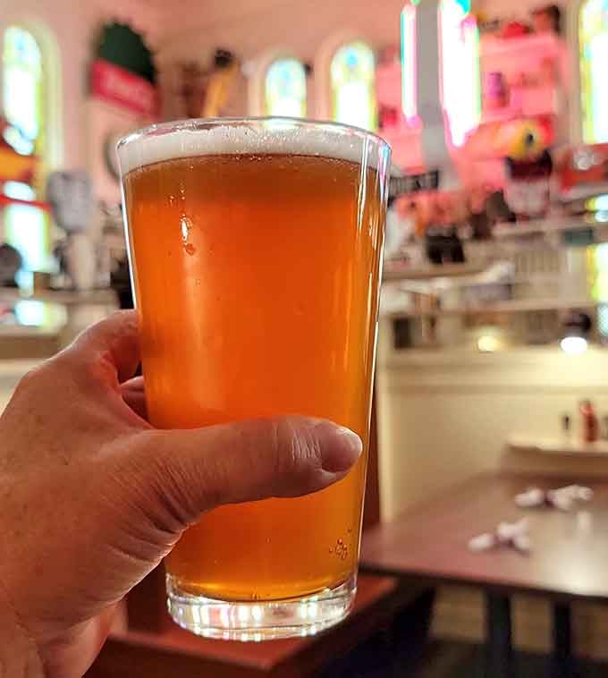 That golden beer looks even better when you're surrounded by vintage Americana, proving that some combinations are simply timeless.