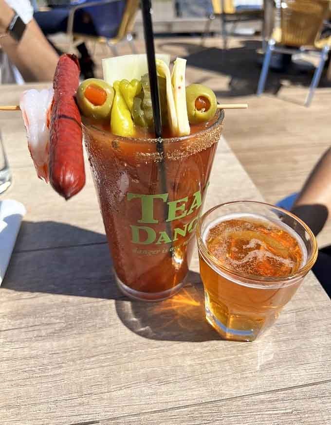 A Bloody Mary so loaded with garnishes it's practically a meal, paired with beer because Minnesota knows how to do beverages right.