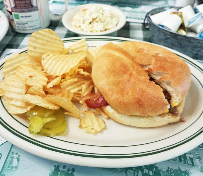 A classic diner burger with chips &ndash; simple food executed with the care that makes The Brown Cow special.