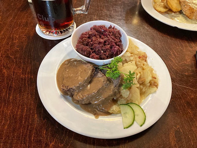 Sauerbraten with red cabbage and potato dumplings &ndash; a trio so authentically German you might find yourself involuntarily humming "Edelweiss" between bites.