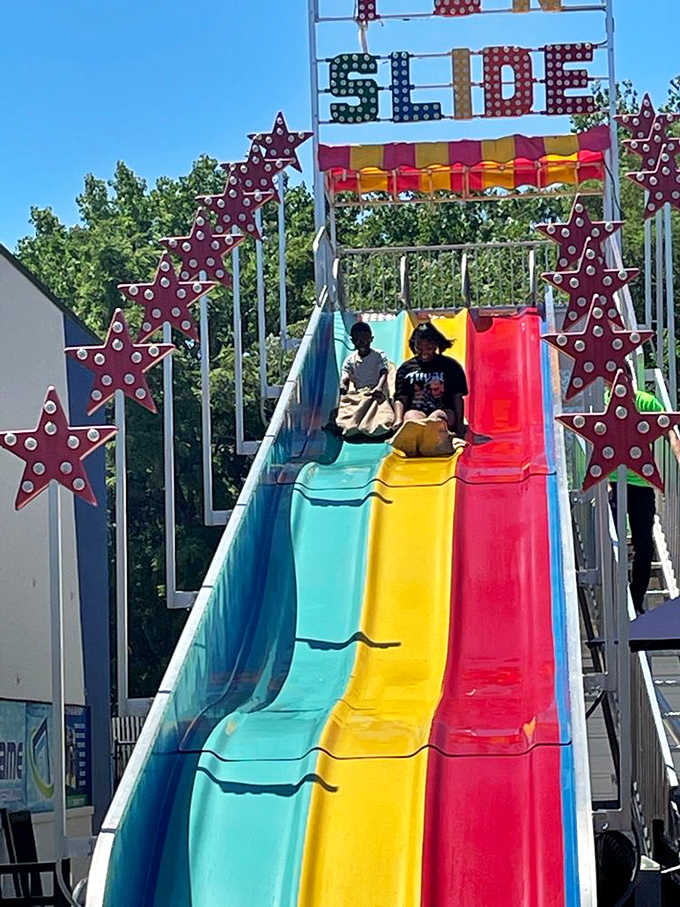 Rainbow-colored lanes create a kaleidoscope of fun as thrill-seekers zoom down this multi-lane slide, gravity doing all the work.