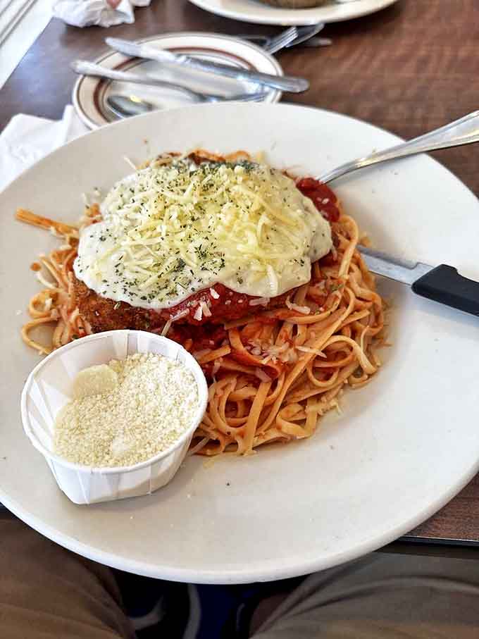 Spaghetti crowned with chicken parmesan creates the ultimate comfort food power couple &ndash; simple, satisfying, and exactly what you're craving.