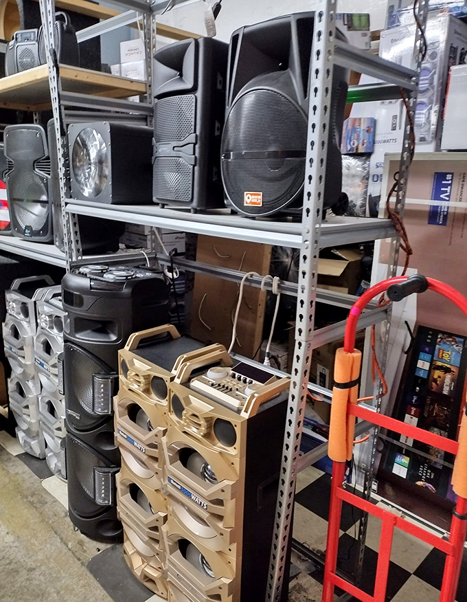 Portable speakers and audio equipment stacked like a wall of sound – bringing the noise to parties, picnics, and impromptu dance-offs.