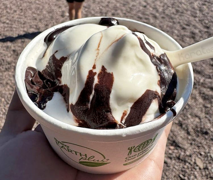 Hot fudge cascading over frozen custard like a chocolate waterfall, because sometimes you need dessert that doesn't apologize for being indulgent.