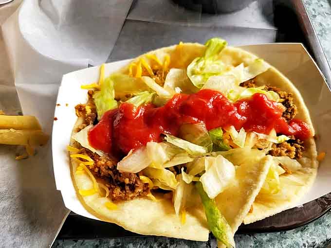 A trio of tacos showcases the versatility of fry bread &ndash; each one a different adventure in texture and flavor.