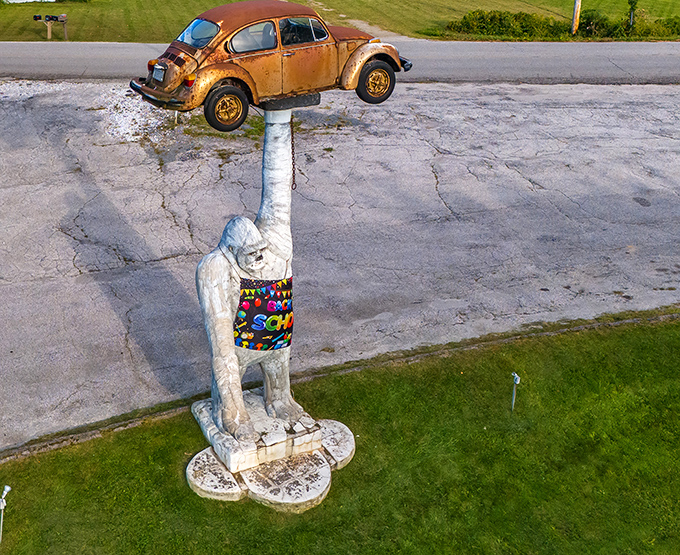 Sometimes the gorilla sports seasonal attire, proving even concrete primates appreciate a splash of color now and then.