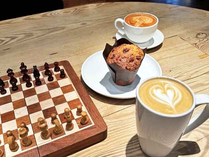 A chess match waits patiently while coffee art performs its own strategic game of flavor and presentation.